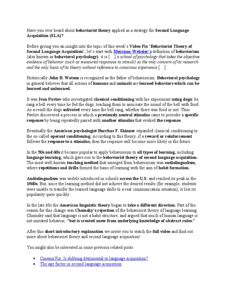 Behaviorist Theory of Second Language Acquisition | PDF | Behaviorism ...