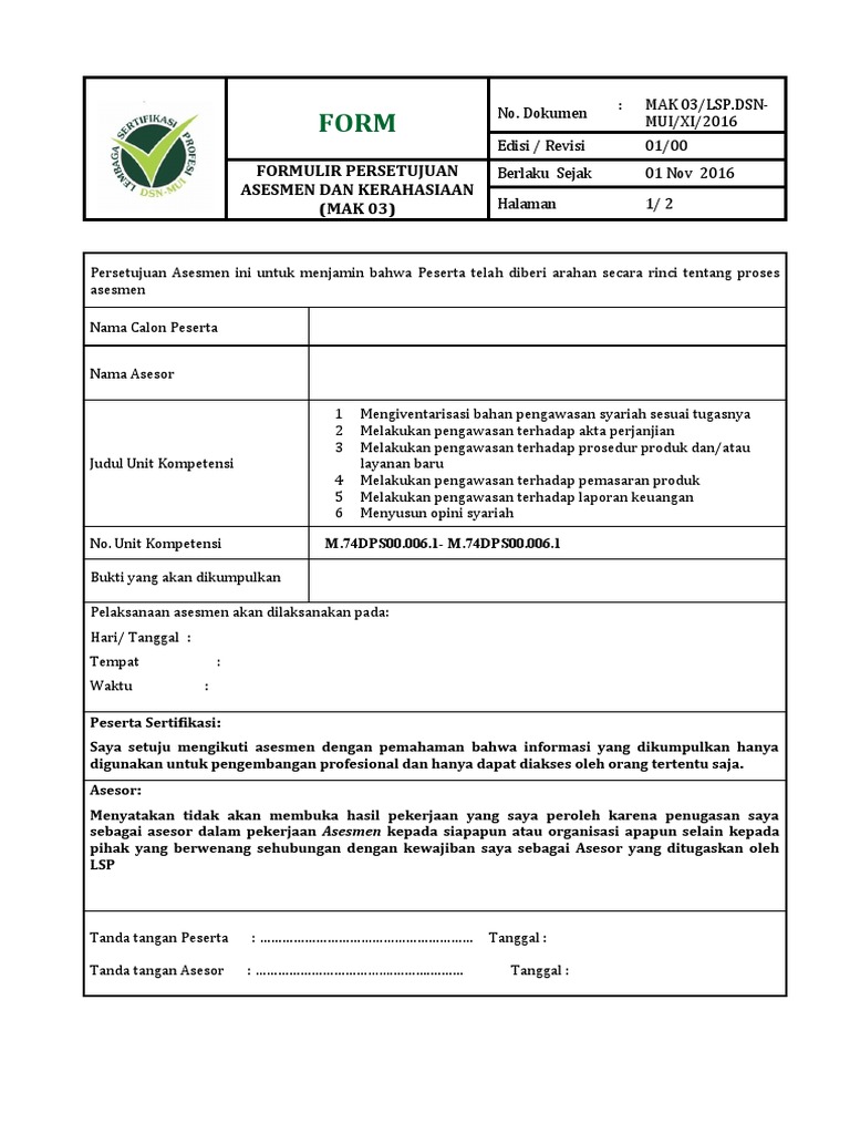 Form Persetujuan Asesmen Dan Kerahasiaan LSP Dsn-Mui (Mak-03) | PDF