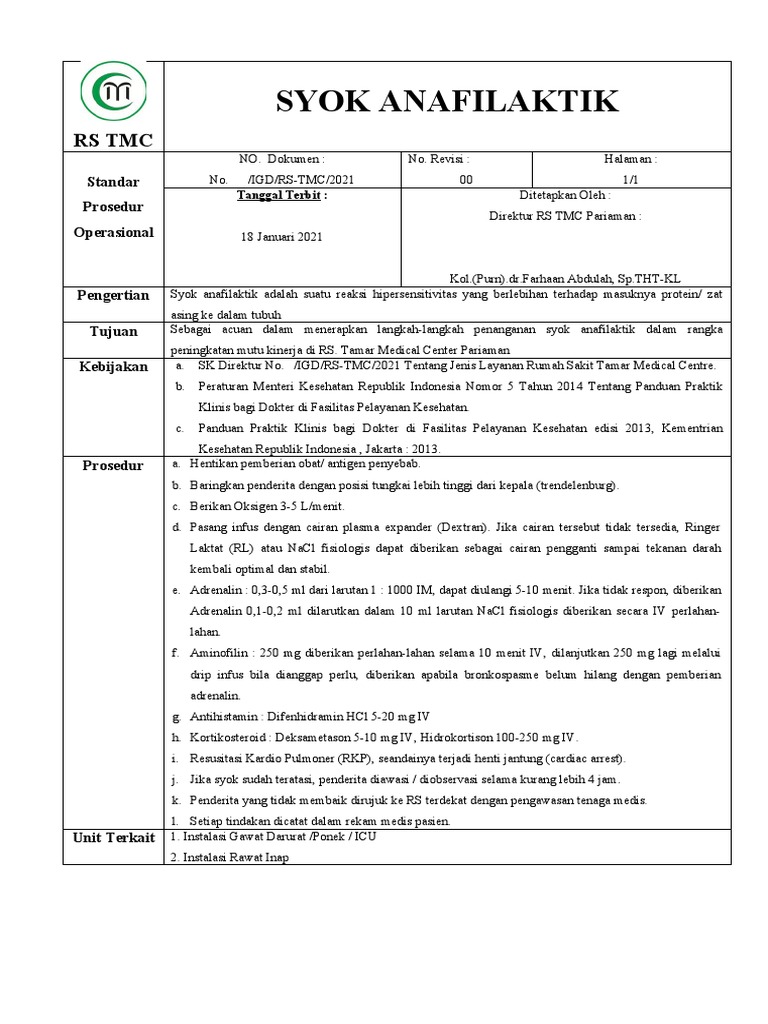 SOP Syok Anafilaktik | PDF