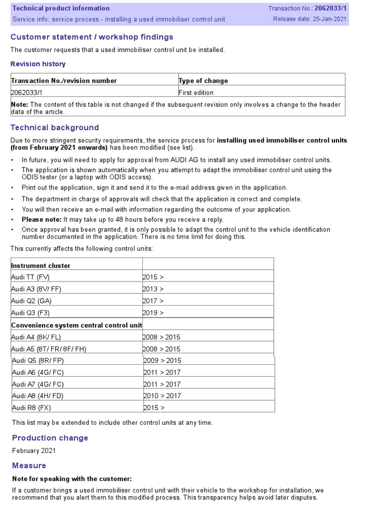 Audi TPI 2062033-1 Service Process - Installing A Used Immobiliser ...