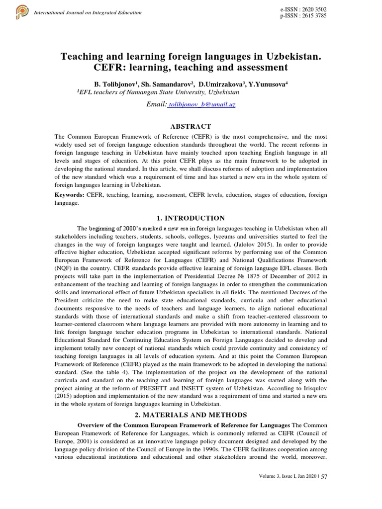 Teaching and Learning Foreign Languages in Uzbekistan. CEFR: Learning ...