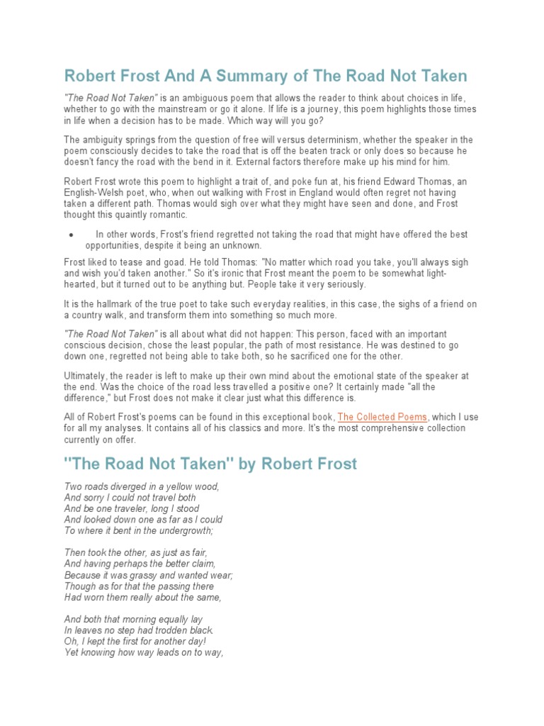 Robert Frost and A Summary of The Road Not Taken | PDF | Poetry
