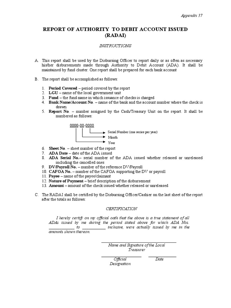 Appendix 37 - Instructions - RADAI | PDF | Cheque | Payments