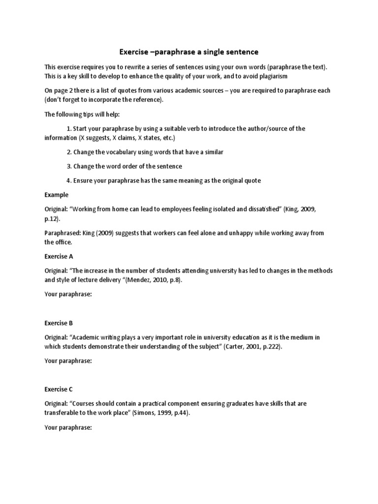 Exercise - Paraphrase A Single Sentence: Example | PDF