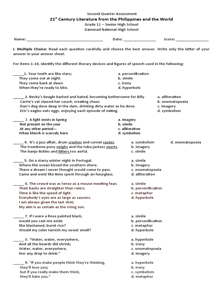 2nd Quarter Assessment - 21st Literature | PDF | Poetry