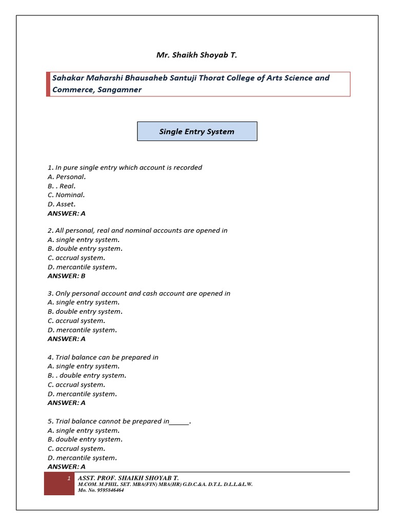 MCQ Single Entry | PDF | Debits And Credits | Depreciation