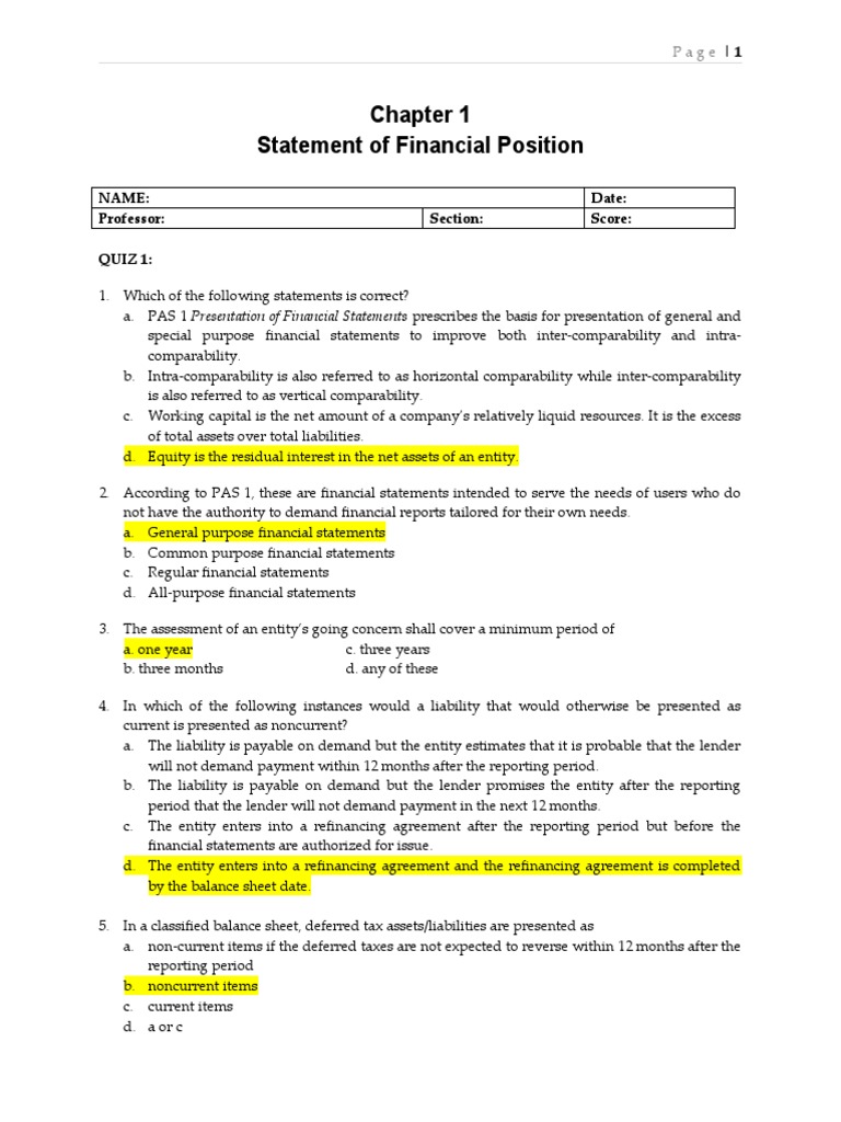 Quiz Chapter 1 Statement Of Financial Position With Solutions Pdf