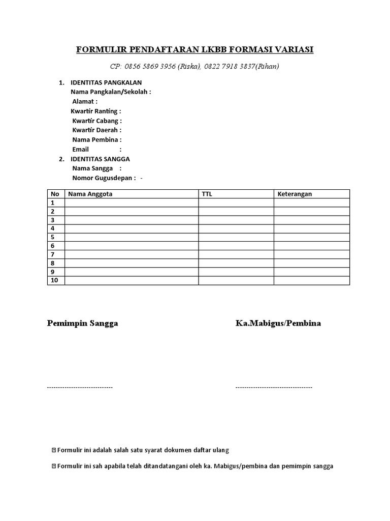 Formulir Pendaftaran LKBB Formasi Variasi | PDF