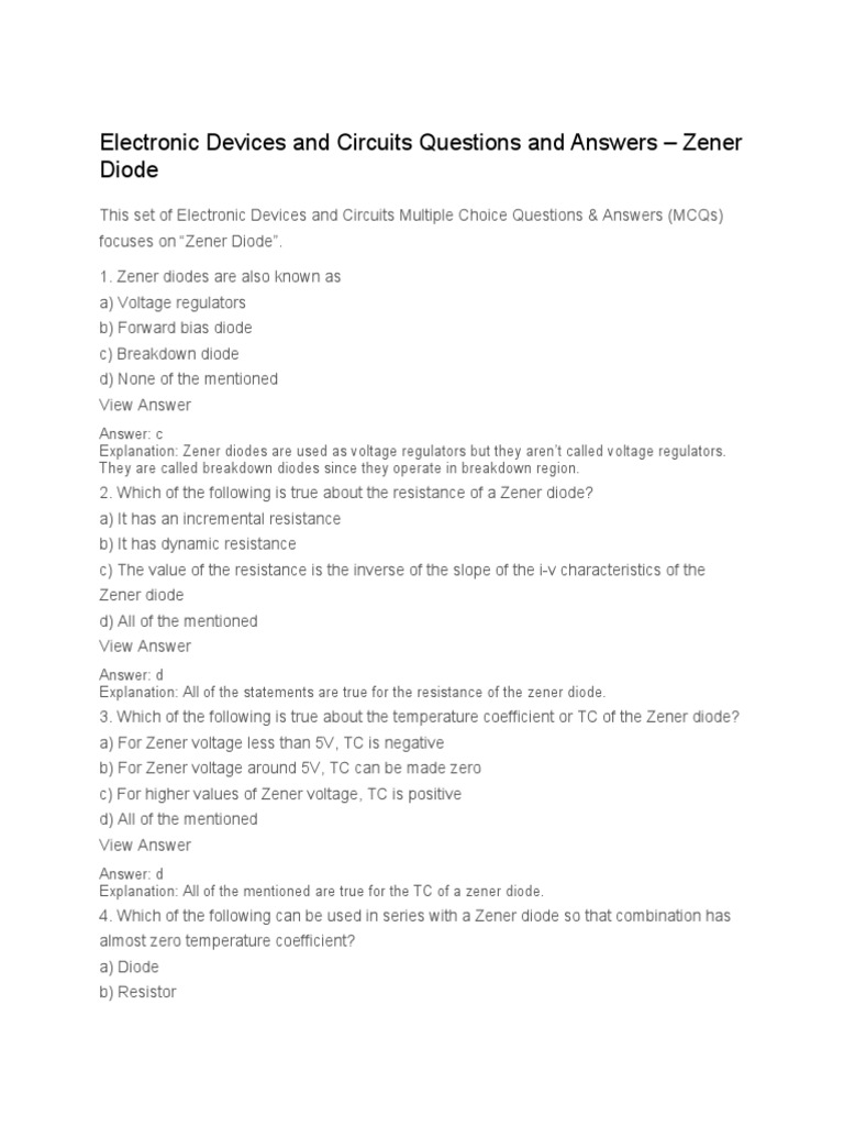 Electronic Devices and Circuits Questions and Answers | PDF