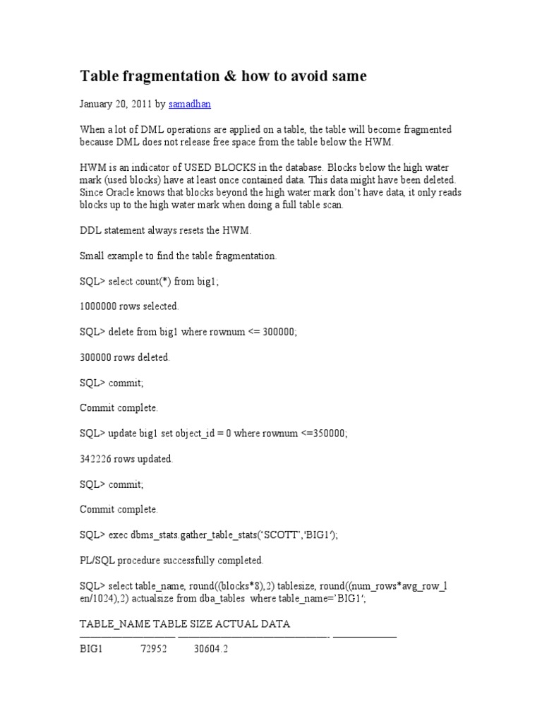 Table Fragmentation & How To Avoid Same: Samadhan | PDF | Data ...