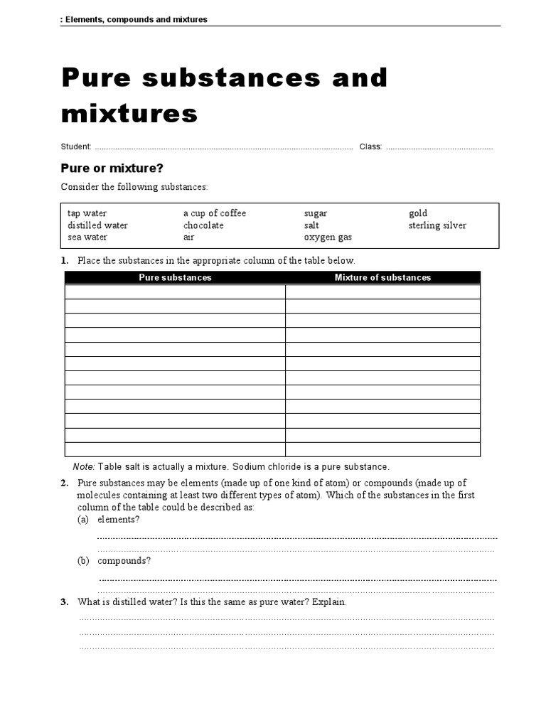 Pure Substances vs. Mixtures Guide | PDF | Chemical Substances ...