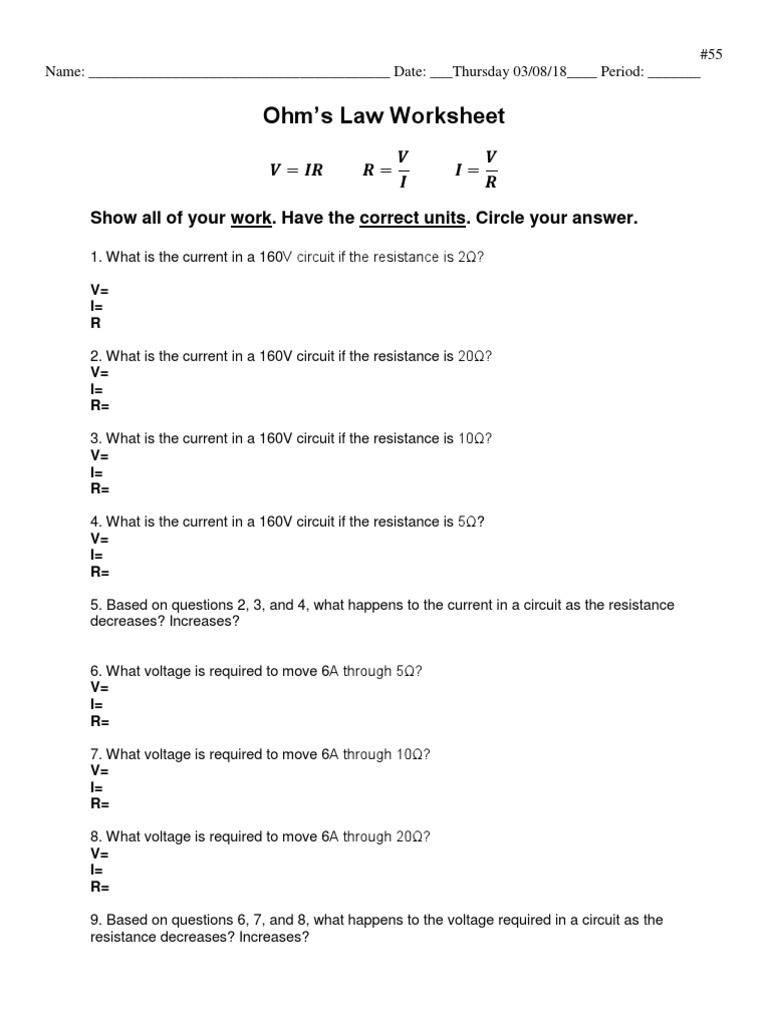 03 08 18 Ohms Law Worksheet Alt | PDF | Electrical Resistance And ...
