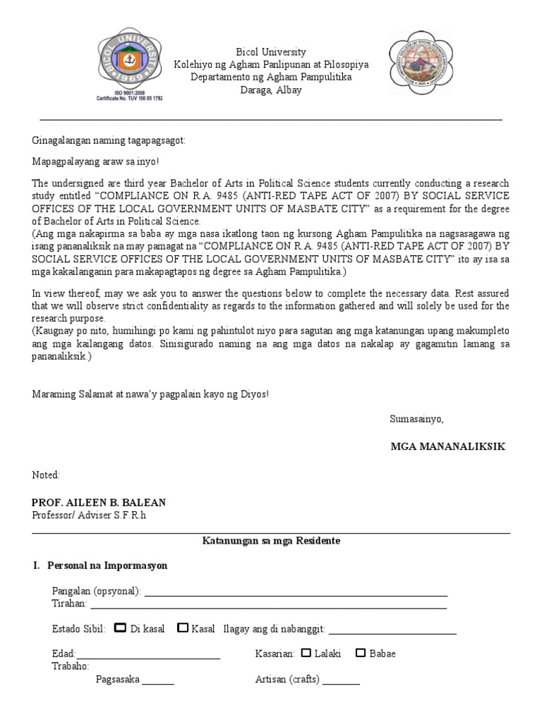 Questionnaire Tagalog Final | PDF