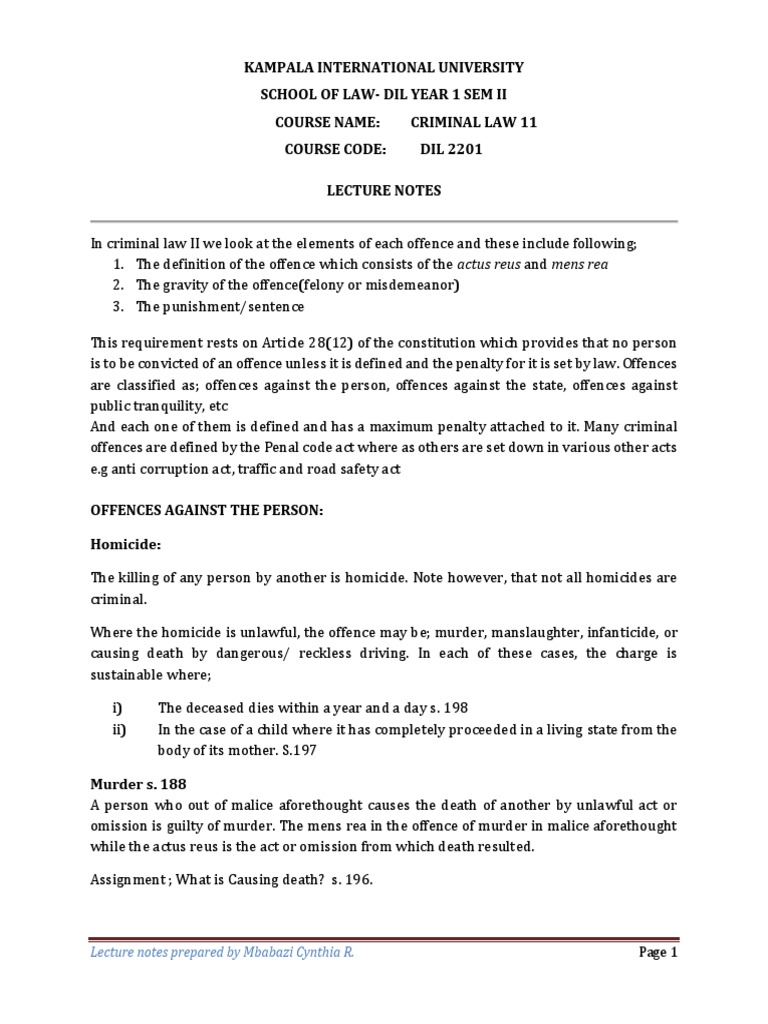 Lecture Notes - Criminal Law II | PDF | Manslaughter | Assault