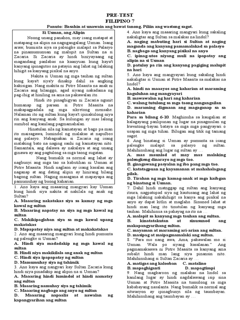 Grade 7 - 1ST Quarter Pre-Test | PDF