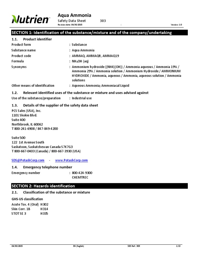 SDS 303 Aqua Ammonia NA Final 04302015 (Nutrien) | PDF | Firefighting ...