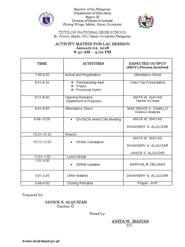 ACTIVITY MATRIX FOR LAC SESSION October | PDF