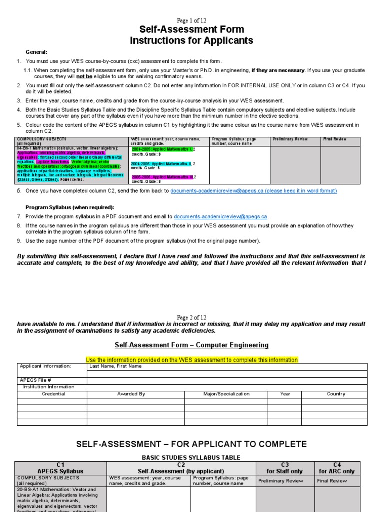 Self-Assessment Form Instructions For Applicants: Page 1 of 12 | PDF ...