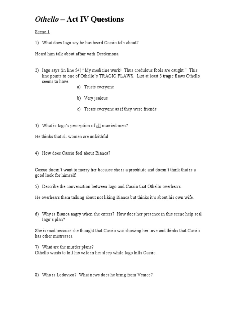 Act IV Othello: Key Questions & Insights | PDF | Othello | Iago