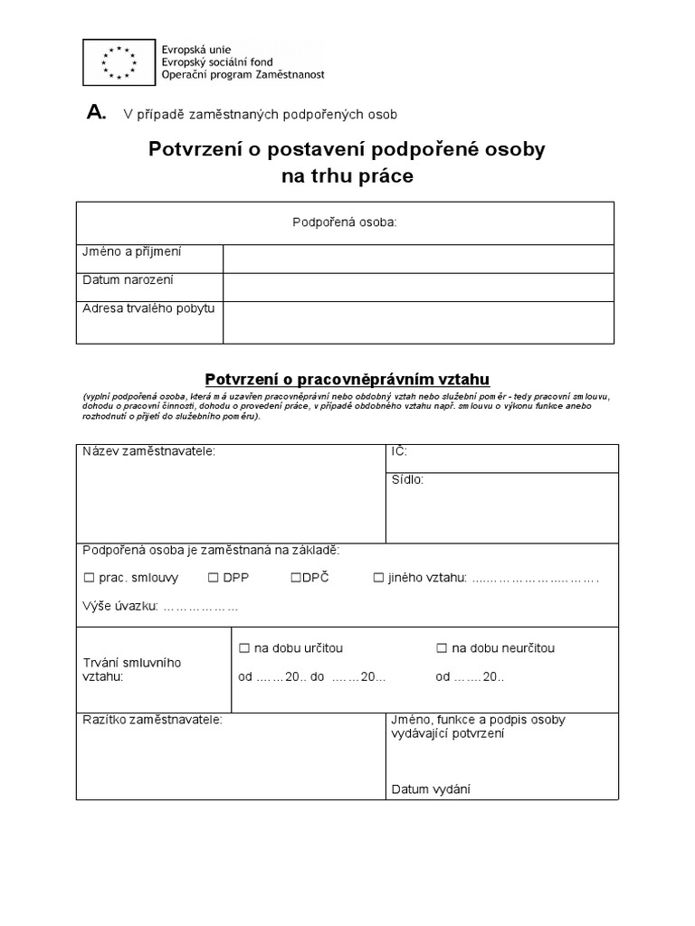 Vzor Potvrzení o Postavení Podpořené Osoby Na Trhu Práce | PDF