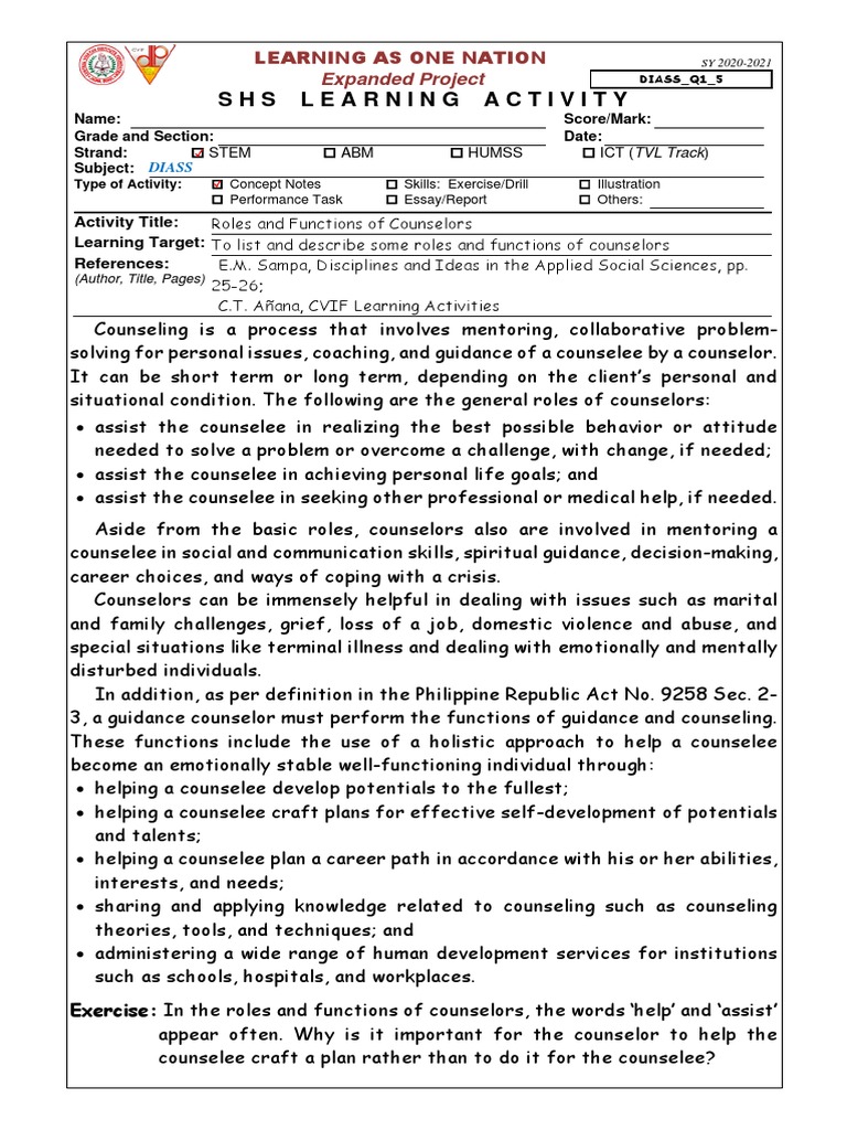 DIASS Q1 - LAS 5 Roles and Functions of Counselors | PDF | Mentorship ...