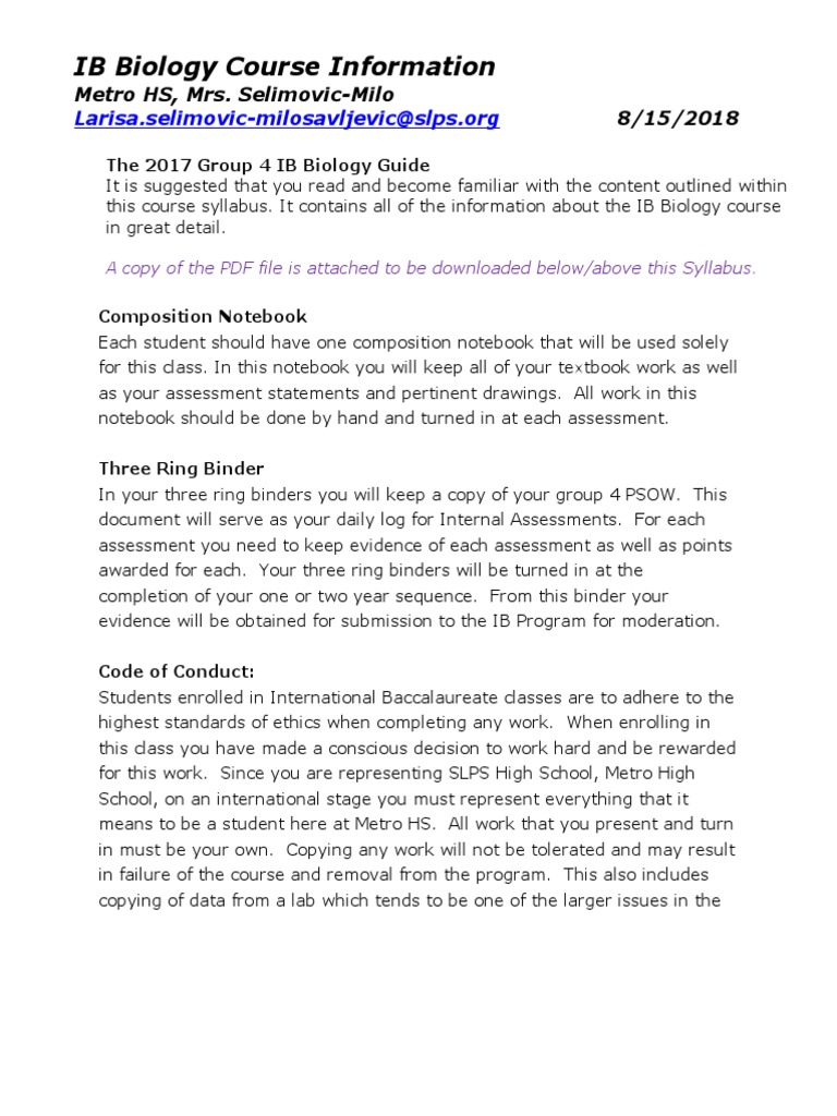 IB Biology SL Syllabus 2018 | PDF | Educational Assessment | Molecules