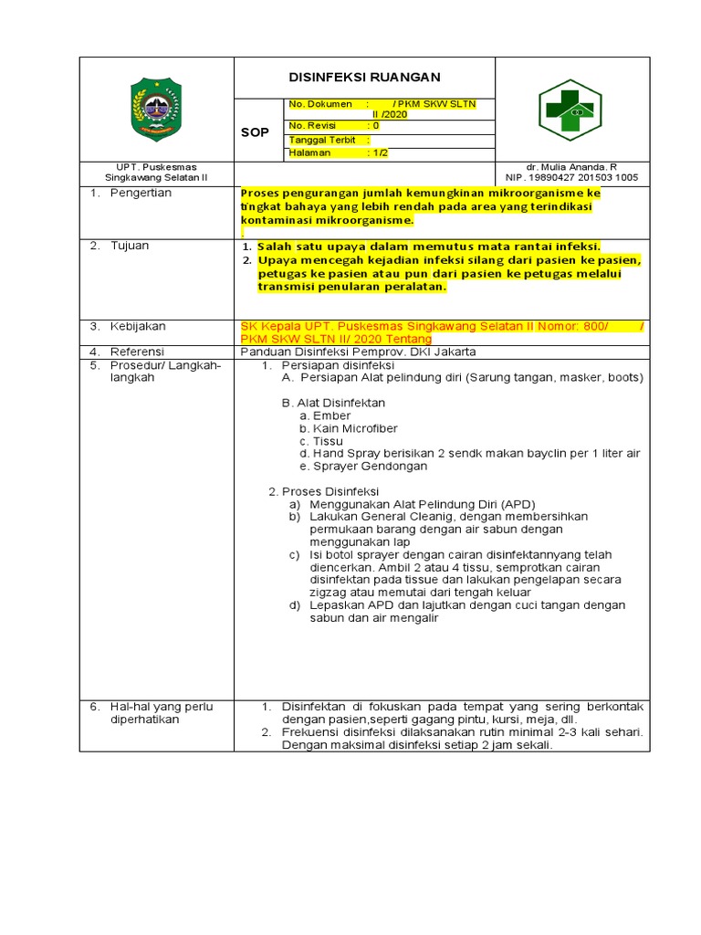 SOP Desinfeksi Ruangan | PDF