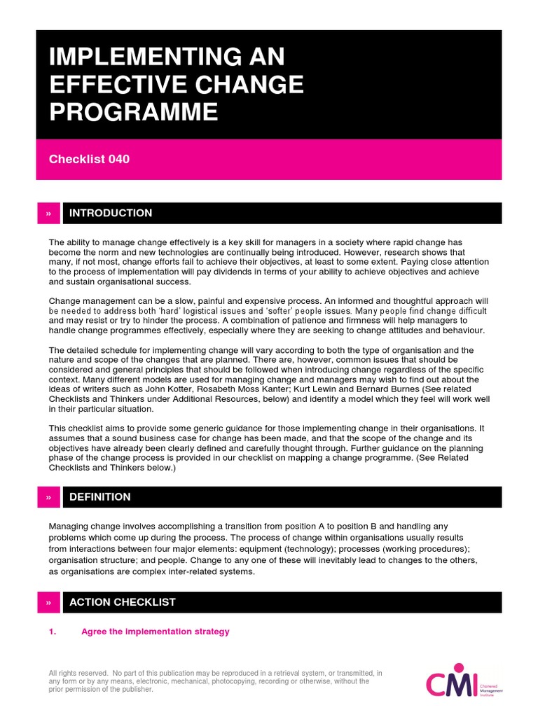 Implementing An Effective Change Programme: Checklist 040 | PDF | Top ...