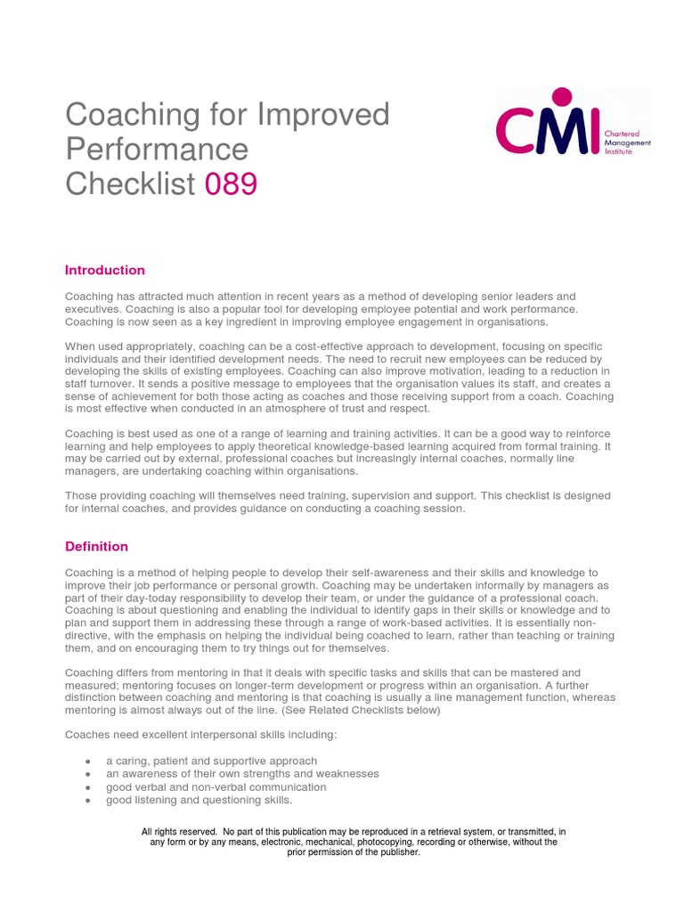 CHK-089-Coaching For Improved Performance | PDF | Behavior Modification ...