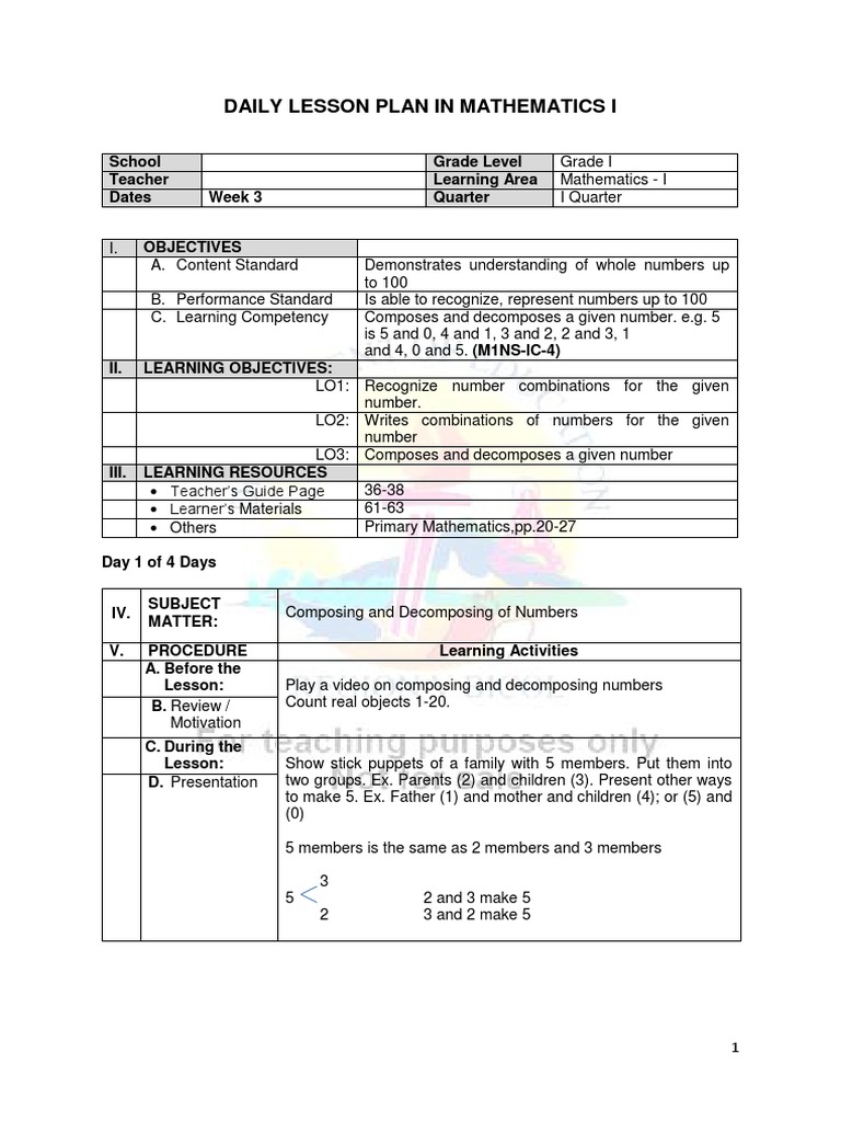 Composing and Decomposing Numbers: A Four-Day Lesson Plan for Grade 1 ...