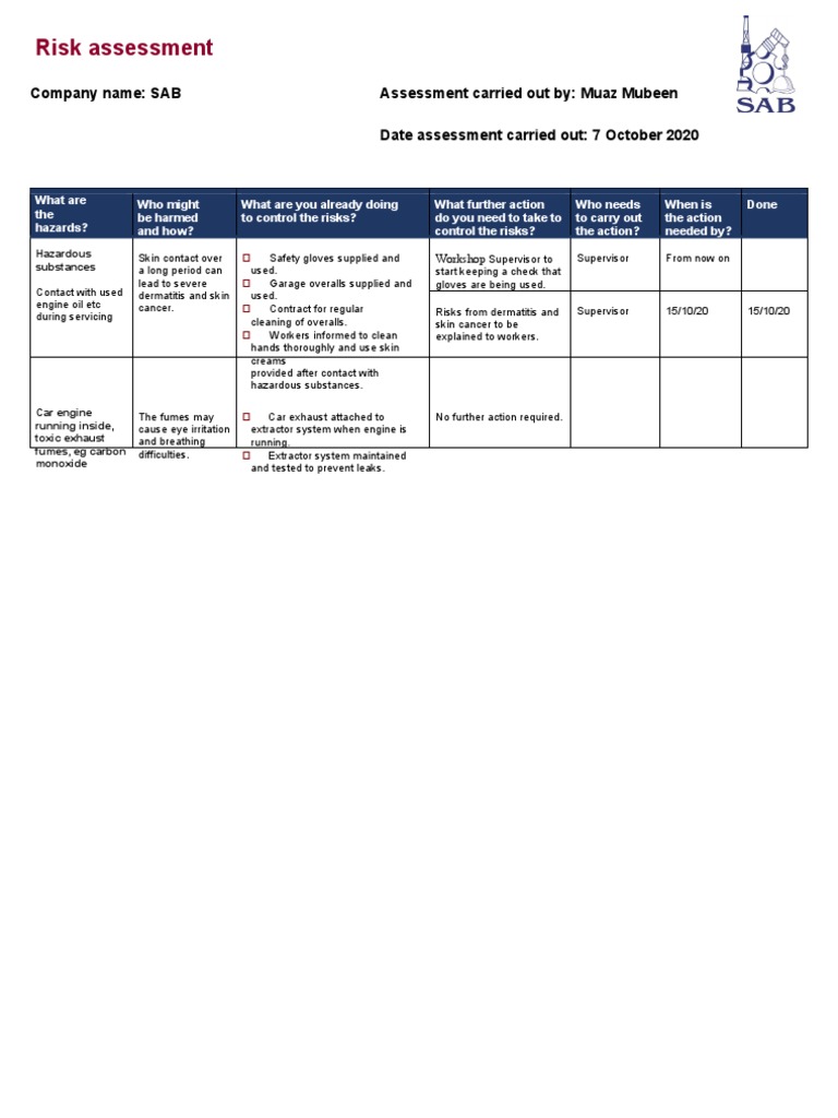 Workshop Risk Assessment | PDF | Electrician | Safety