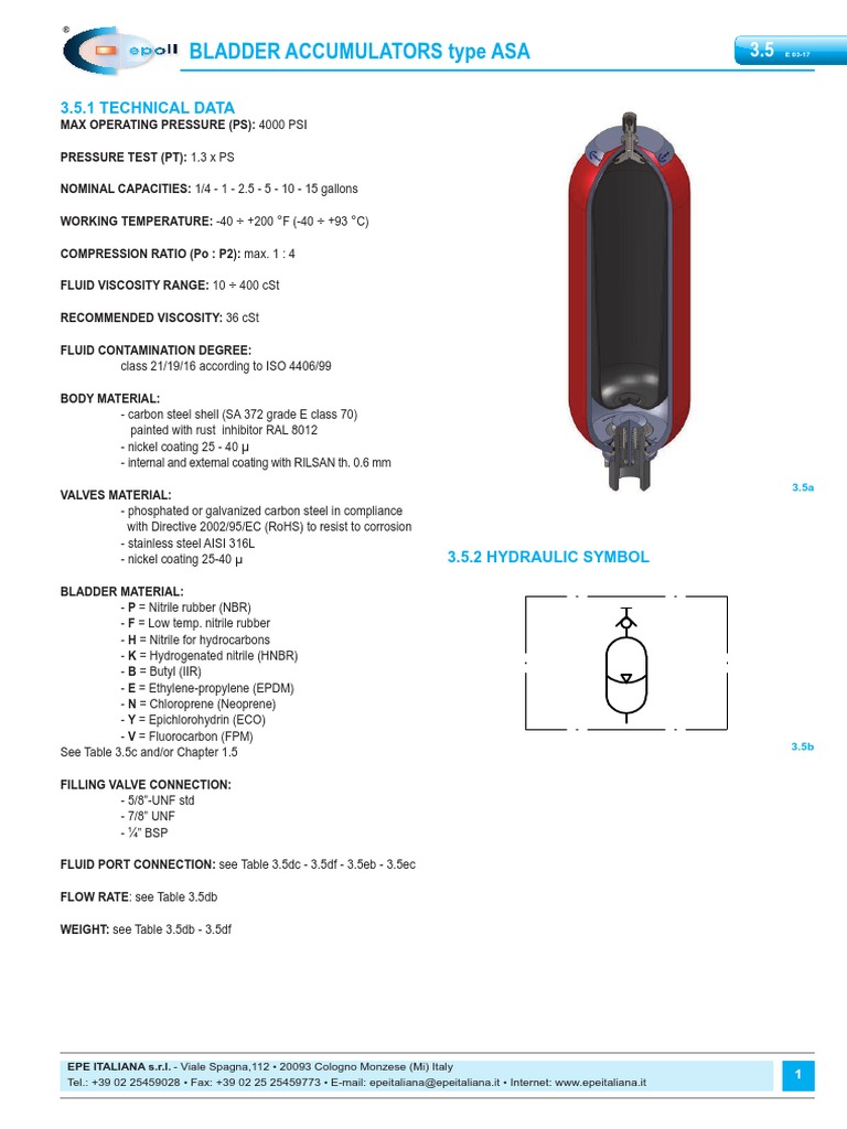 Bladder Accumulators Type Asa: 3.5.1 Technical Data | PDF | Valve | Mechanical Engineering