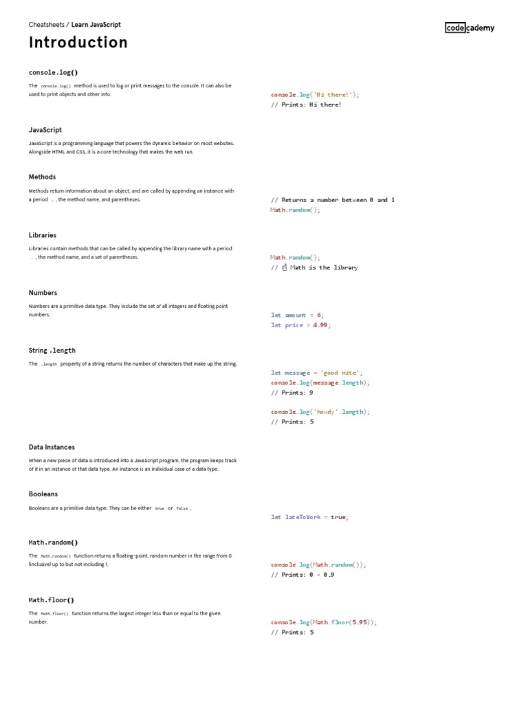Learn JavaScript - Introduction Cheatsheet | PDF | Java Script ...