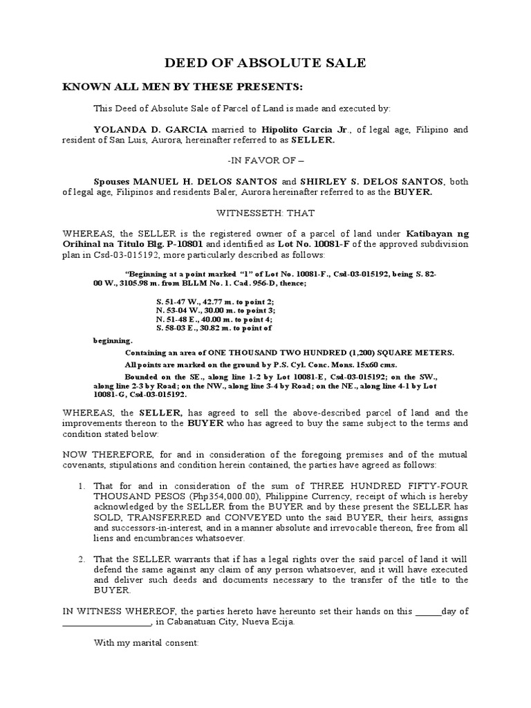 Deed of Absolute Sale Template | PDF | Urban | Real Property Law