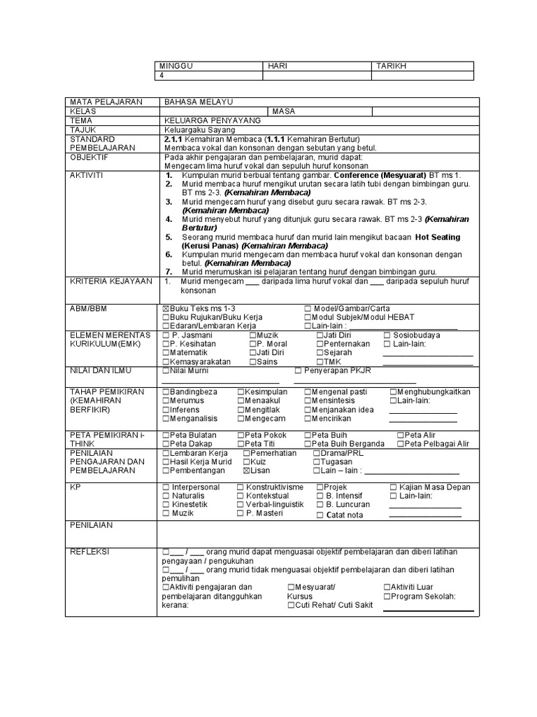 Contoh RPH Tahun 1 2019 | PDF