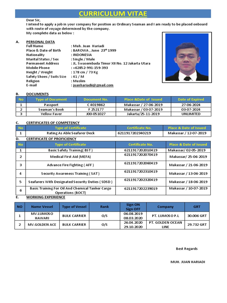 CV Indonesian Seafarer Seeks Ordinary Seaman Role | PDF | Sailor ...