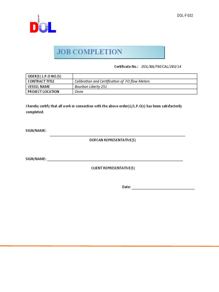 Job Completion Certificate: Calibration and Certification of FO Flow ...