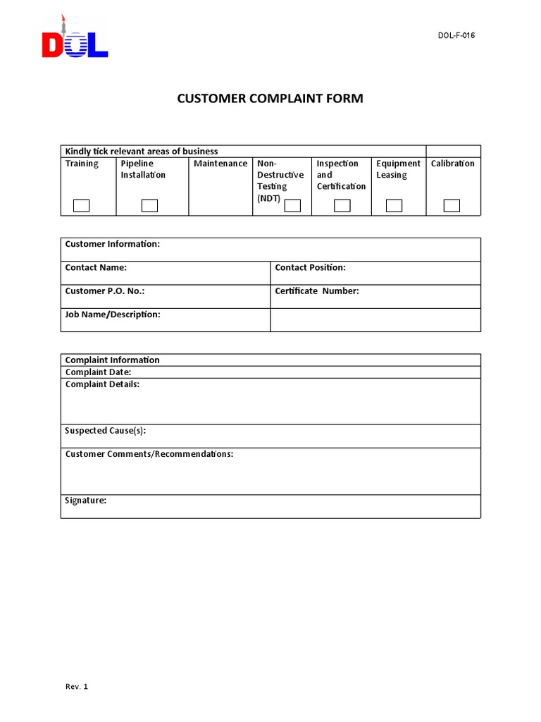 Customer Complaint Form | PDF