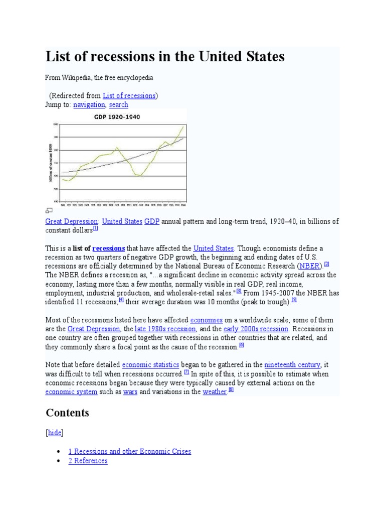 List of Recessions in The United States | PDF | Recession | Great ...