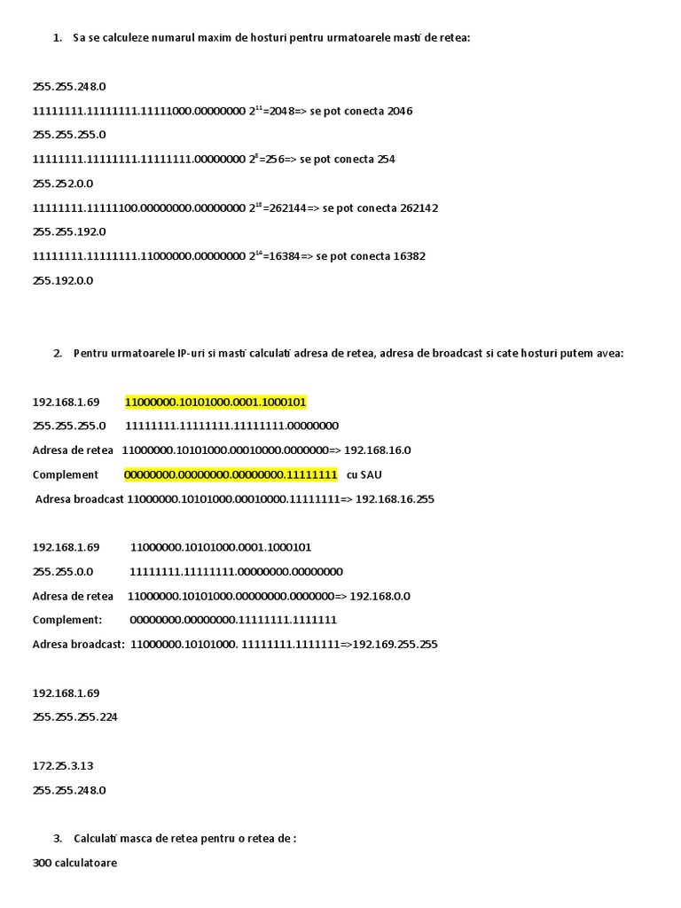 Calculare Hosturi Retea - Exercitii | PDF