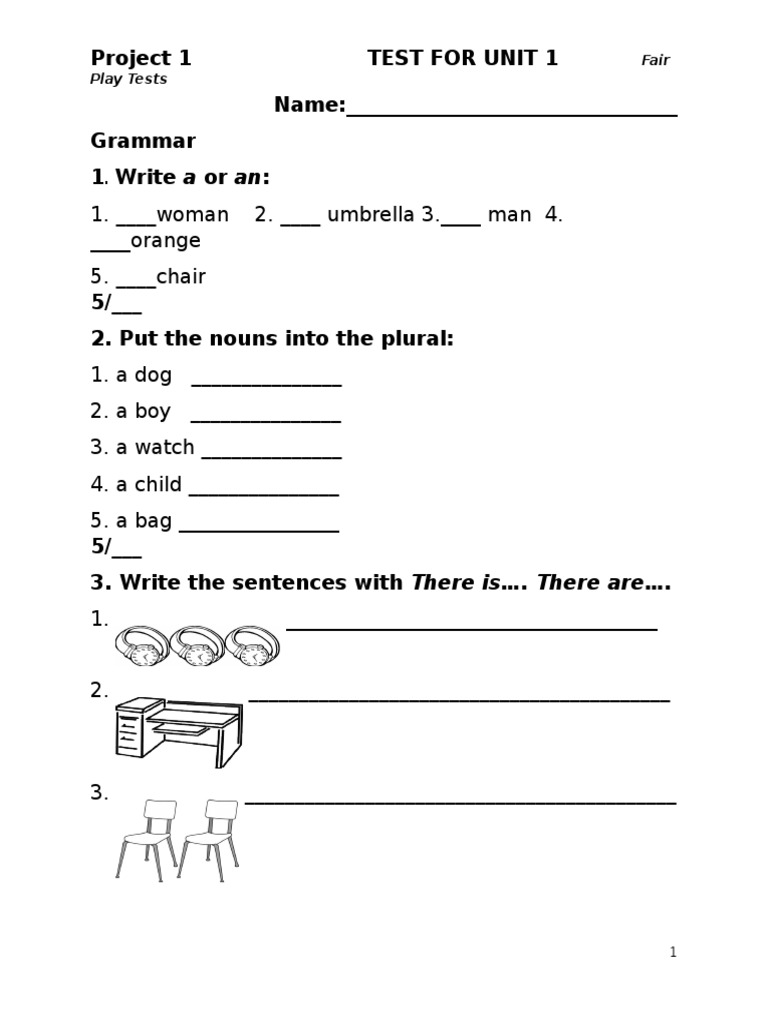 Project 1 Test For Unit 1 Name: - Grammar 1 Write A or An | PDF ...