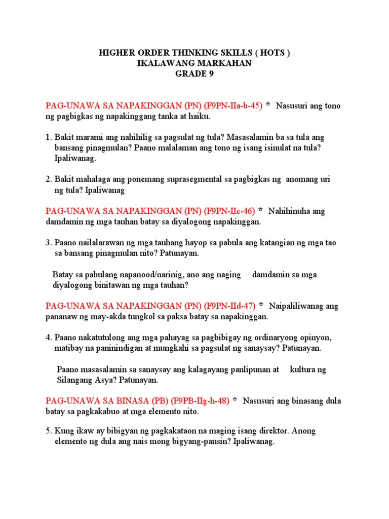 Higher Order Thinking Skills - 2nd Quarter | PDF