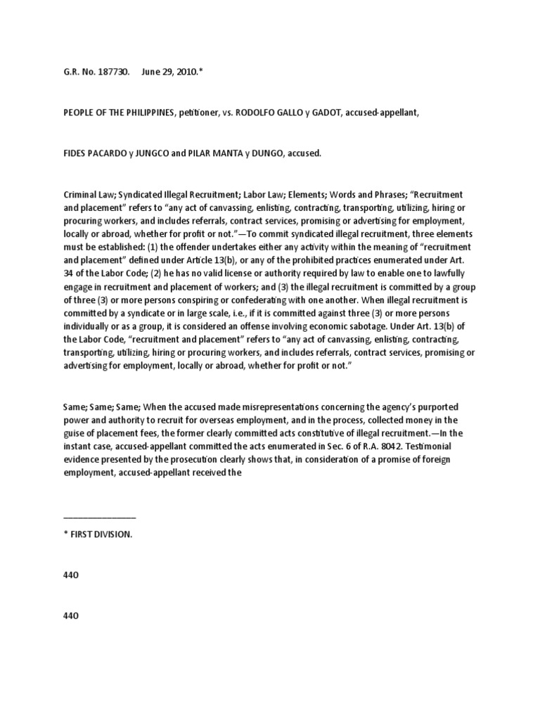 People vs. Gallo, 622 SCRA 439, G.R. No. 187730 June 29, 2010 | PDF ...