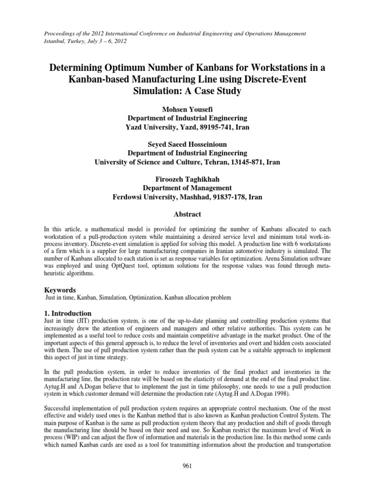 Determining Optimum Number of Kanbans For Workstations in A Kanban-Based Manufacturing Line ...