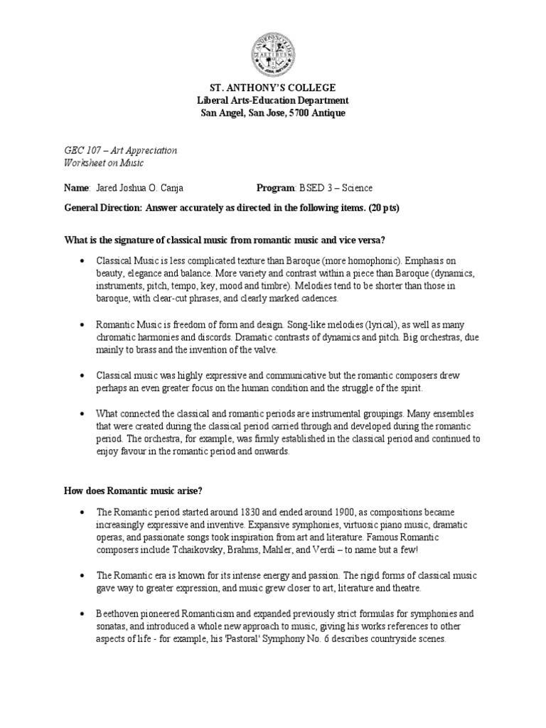 GEC 107 - Art Appreciation Worksheet On Music | PDF | Classical Period ...