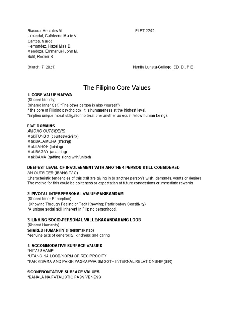 The Filipino Core Values | PDF | Loyalty | Shame