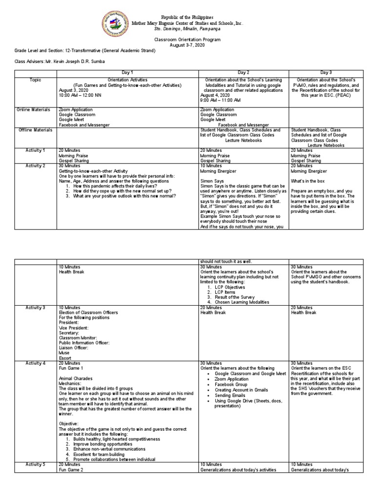 Classroom Orientation Program | PDF | Behavior Modification | Human Nature
