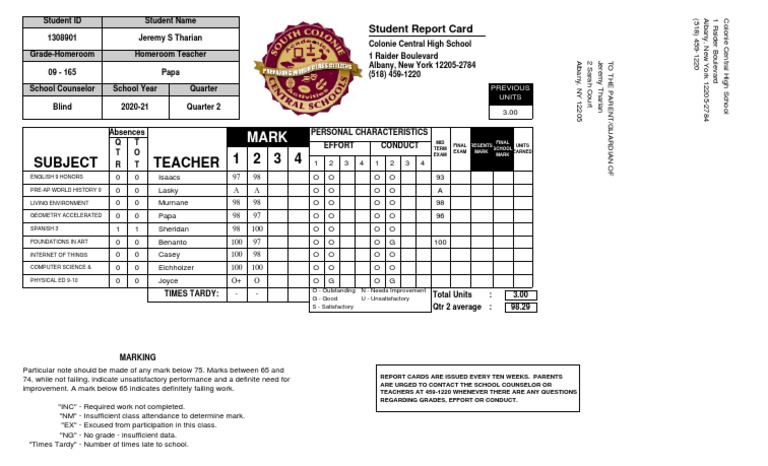 Subject Teacher 1 2 3 4: Student Report Card | PDF | Schools