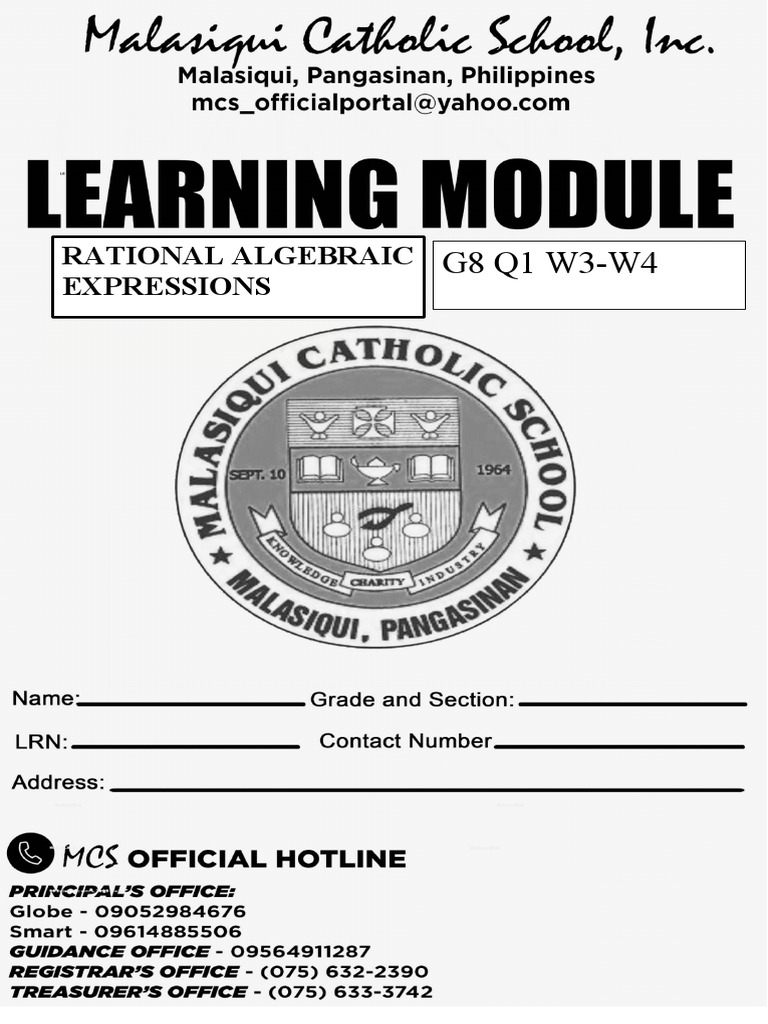 Gr.8 Mathematics Module on Rational Algebraic Expressions | PDF ...