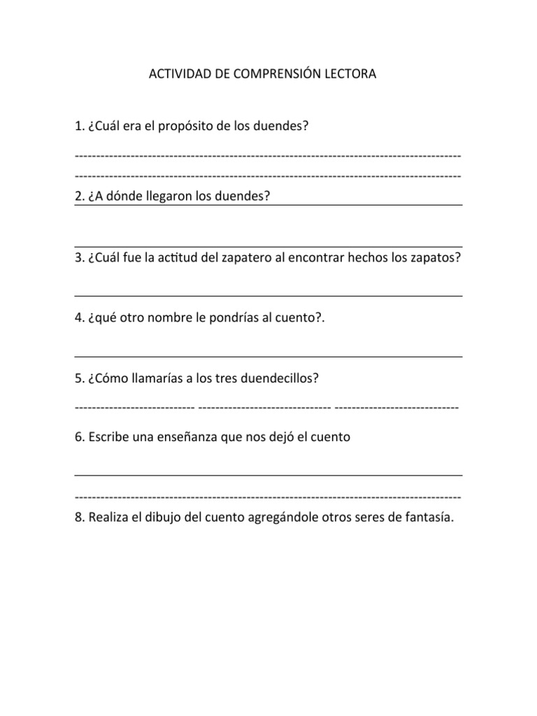 Actividad de Comprensión Lectora El Zapatero y Los Duendes | PDF